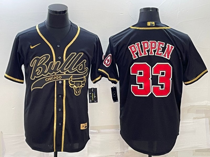 Chicago Bulls #33 Scottie Pippen Black Gold With Patch Baseball Jersey ...