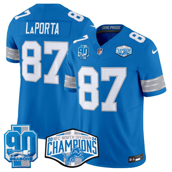 Detroit Lions #87 Sam LaPorta Blue 2024 NFC North Champions 90th ...