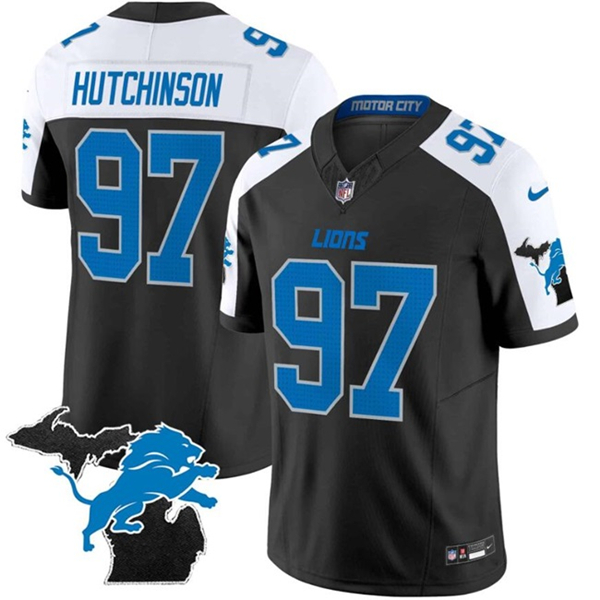 Detroit Lions #97 Aidan Hutchinson Black-White FUSE 2024 Michigan Patch ...