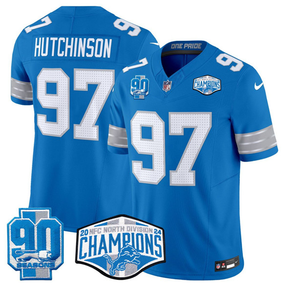 Detroit Lions #97 Aidan Hutchinson Blue 2024 NFC North Champions 90th ...