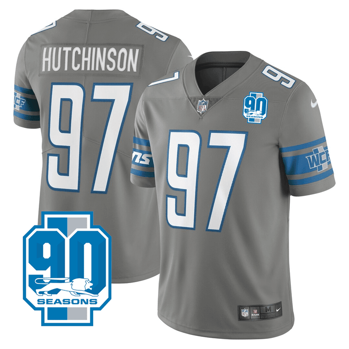 Detroit Lions #97 Aidan Hutchinson Grey 2023 90th Anniversary Jersey ...