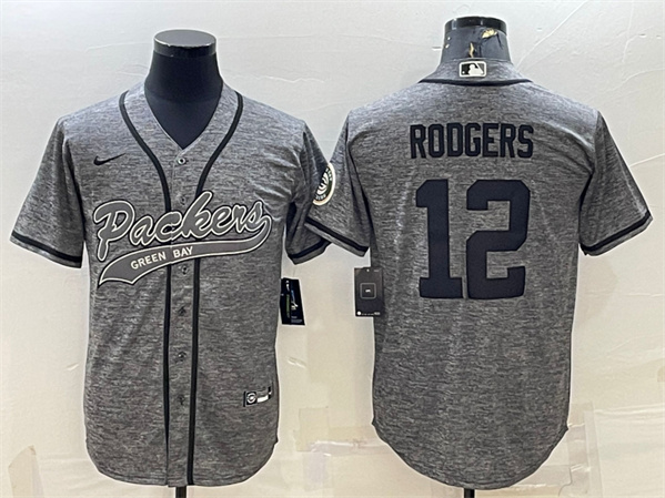 Green Bay Packers #12 Aaron Rodgers Gray With Patch Baseball Jersey ...