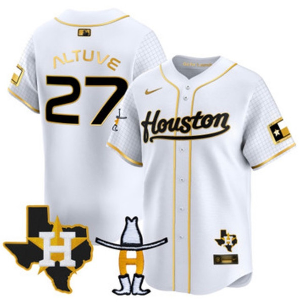 Houston Astros #27 Jose Altuve White-Gold With Patch Baseball Jersey ...