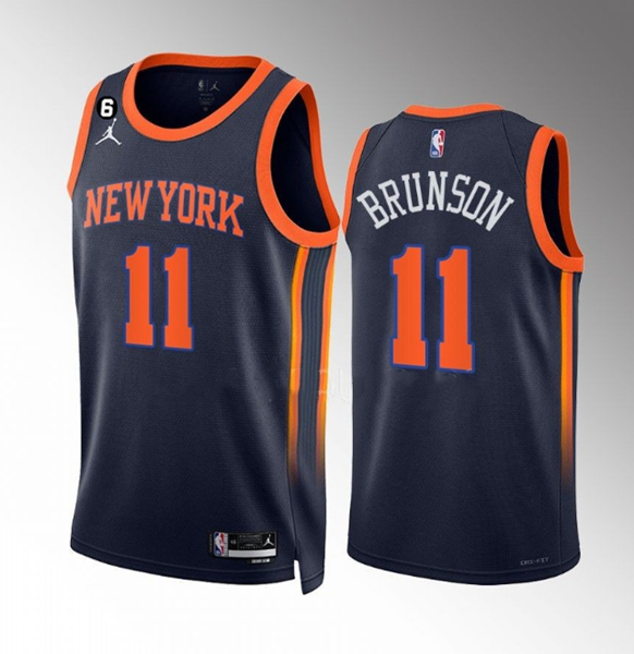 New Yok Knicks #11 Jalen Brunson Navy Statement Edition With NO.6 Patch ...