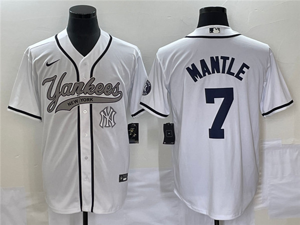 New York Yankees #7 Mickey Mantle White With Patch Baseball Jersey ...