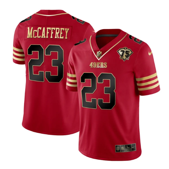 San Francisco 49ers #23 Christian McCaffrey Red Gold With 75th Patch ...