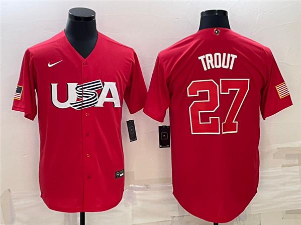USA Baseball #27 Mike Trout 2023 Red World Baseball Classic Jersey ...