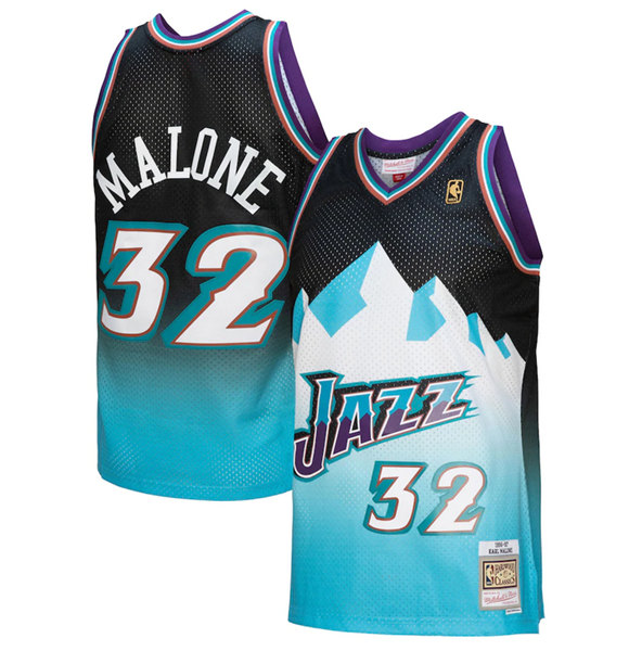 Utah Jazz #32 Karl Malone 1996-97 Black-Light Blue Throwback Jersey ...
