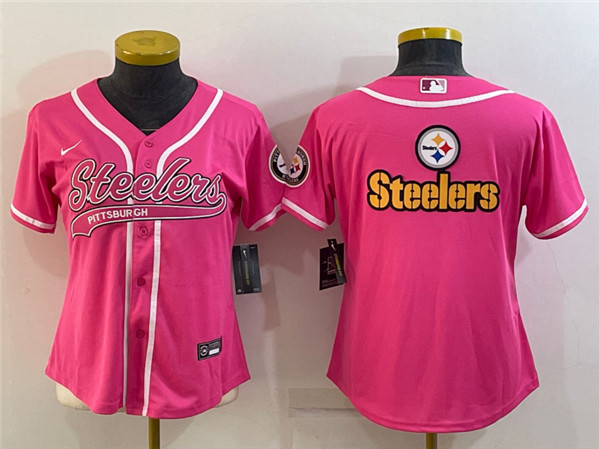 Pittsburgh Steelers Pink Team Big Logo With Patch Baseball Jersey ...