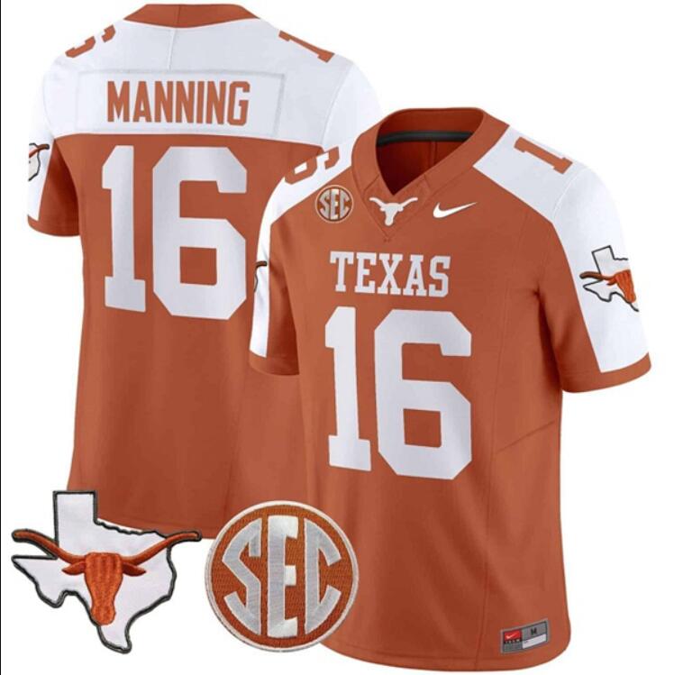Texas Longhorns #16 Peyton Manning Orange-White Map & SEC Patch FUSE ...